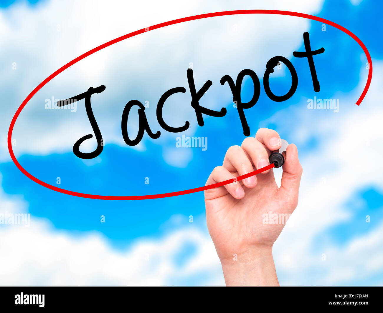 Man Hand writing Jackpot with black marker on visual screen. Isolated ...