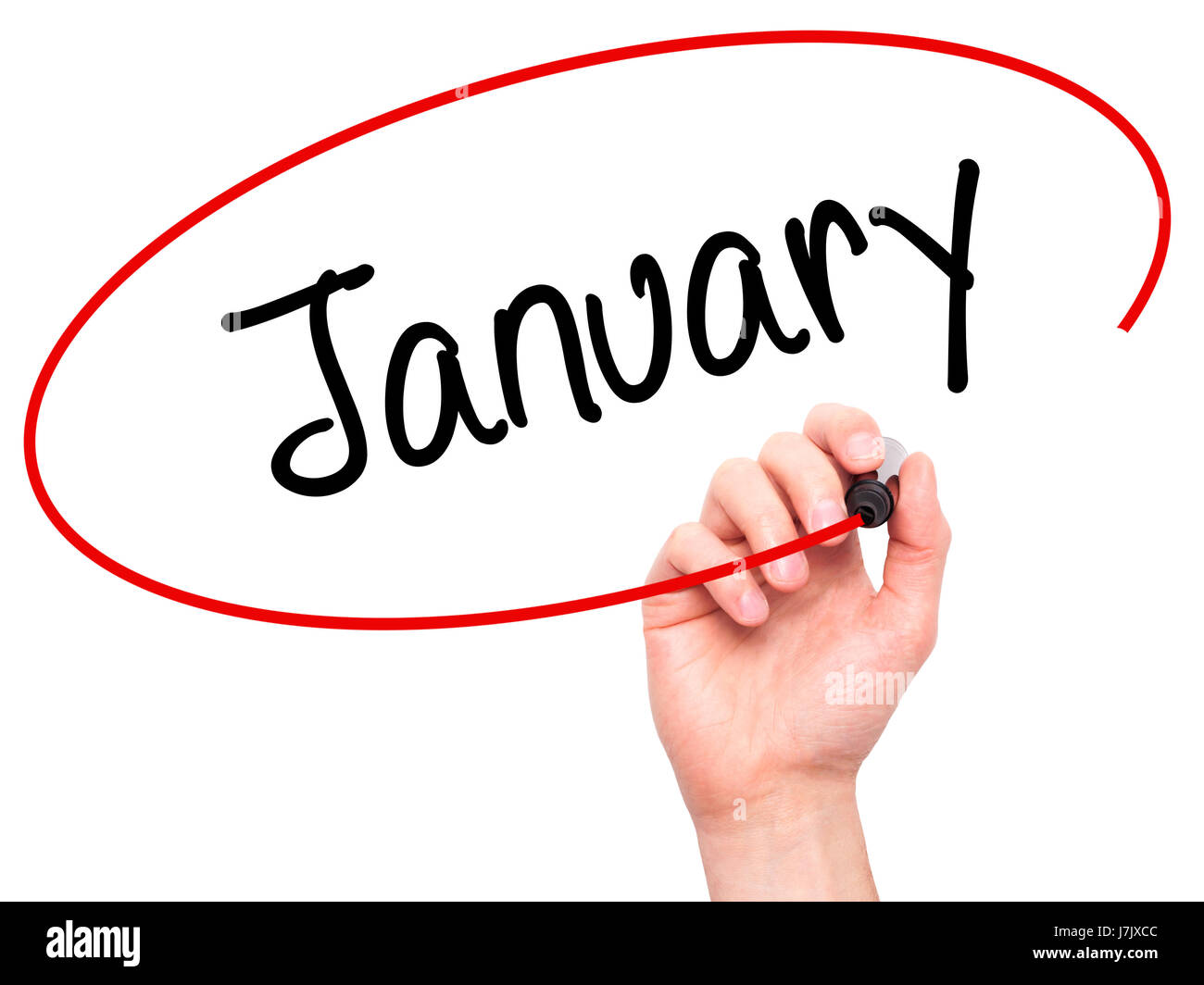 Man Hand writing January with black marker on visual screen. Isolated ...
