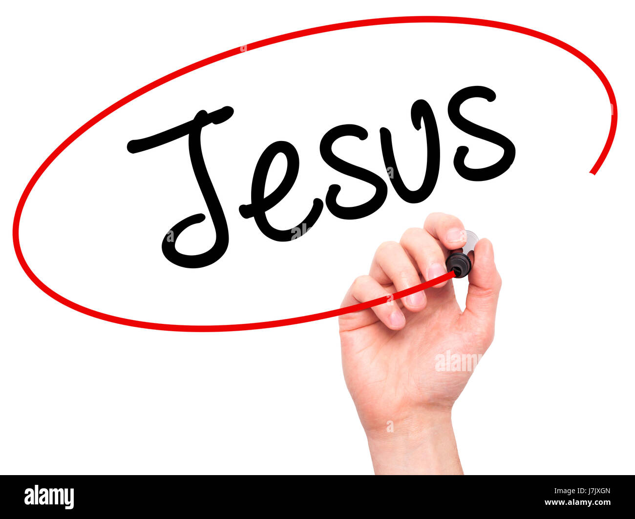 Man Hand writing Jesus with black marker on visual screen. Isolated on ...