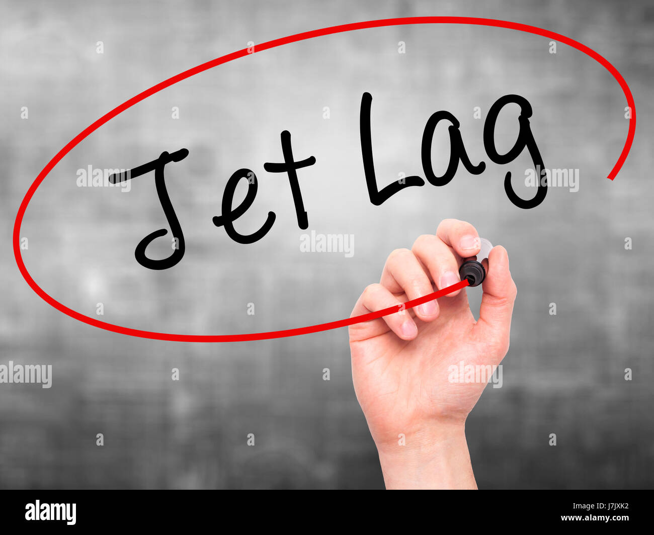Man Hand writing Jet Lag with black marker on visual screen. Isolated ...