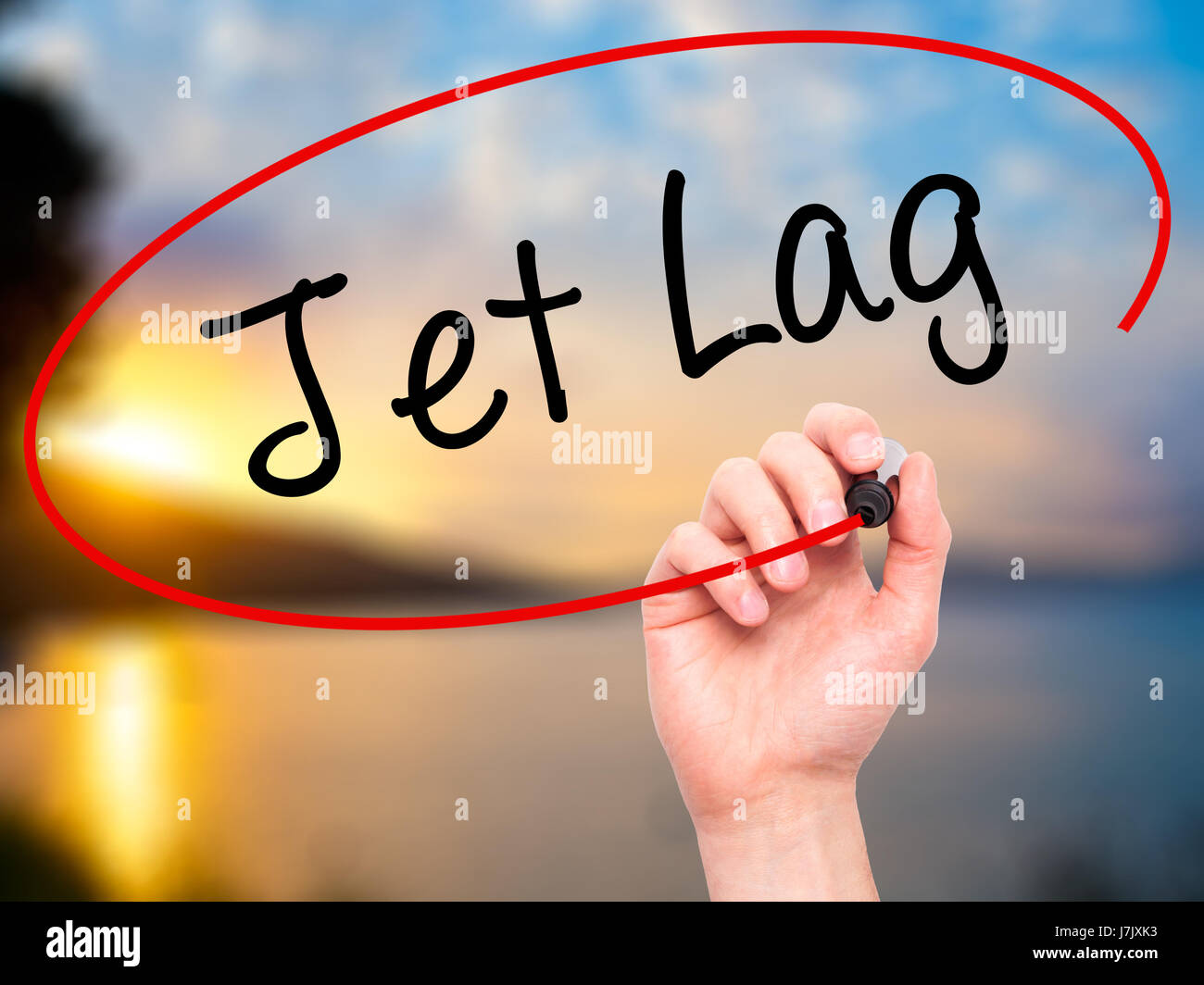 Man Hand writing Jet Lag with black marker on visual screen. Isolated ...