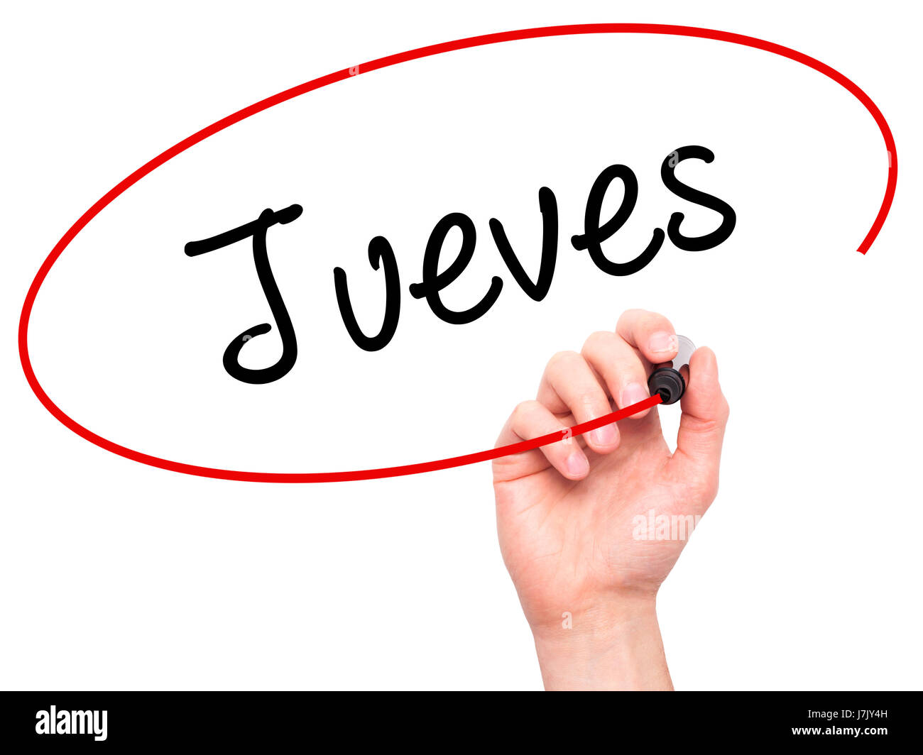 Man Hand writing Jueves (Thursday in Spanish) with black marker on ...