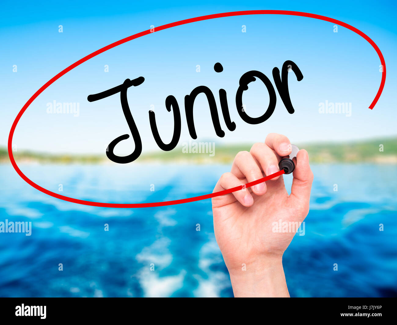 Man Hand writing Junior with black marker on visual screen. Isolated on ...