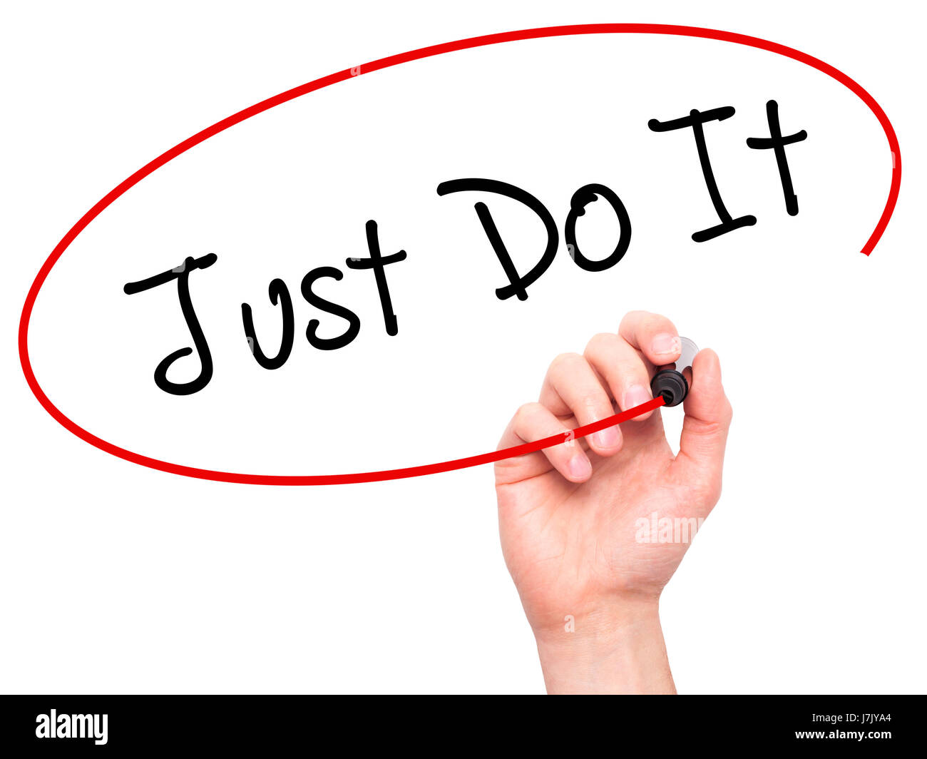 Man Hand writing Just Do It with black marker on visual screen ...