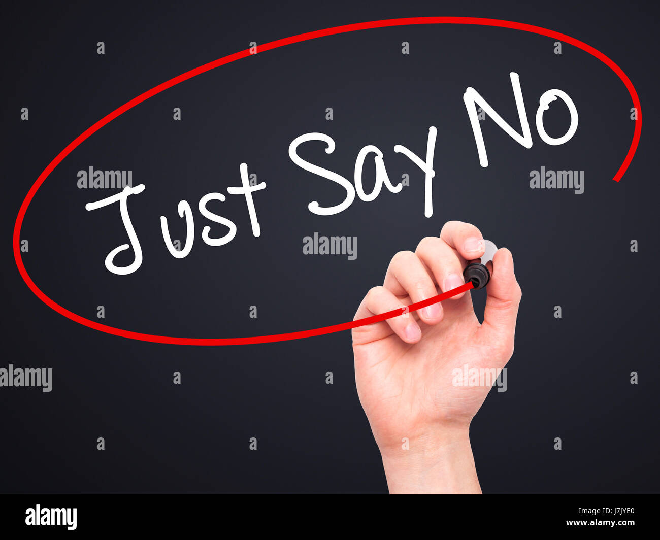 Man Hand writing Just Say No with black marker on visual screen ...