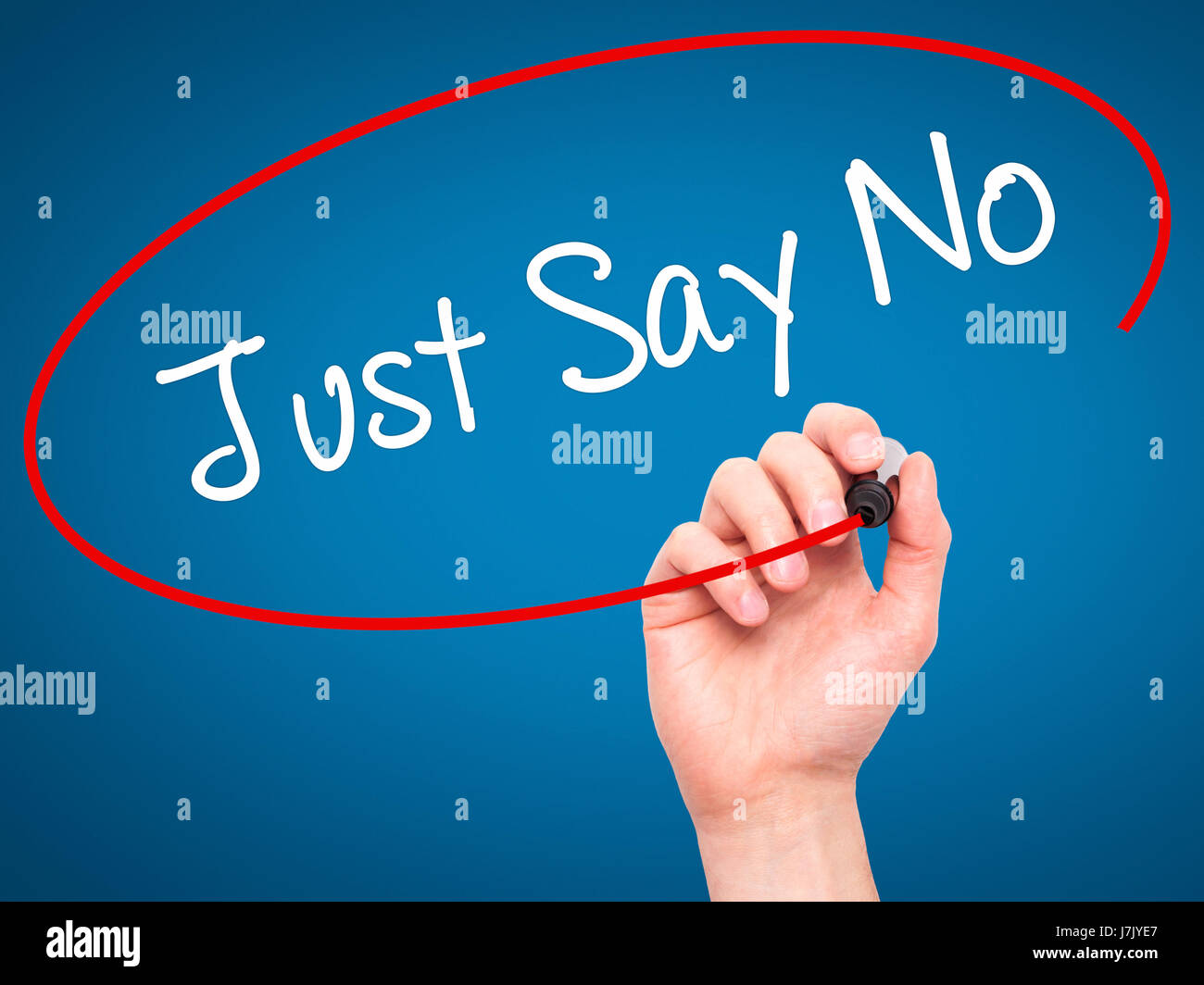 Man Hand writing Just Say No with black marker on visual screen ...