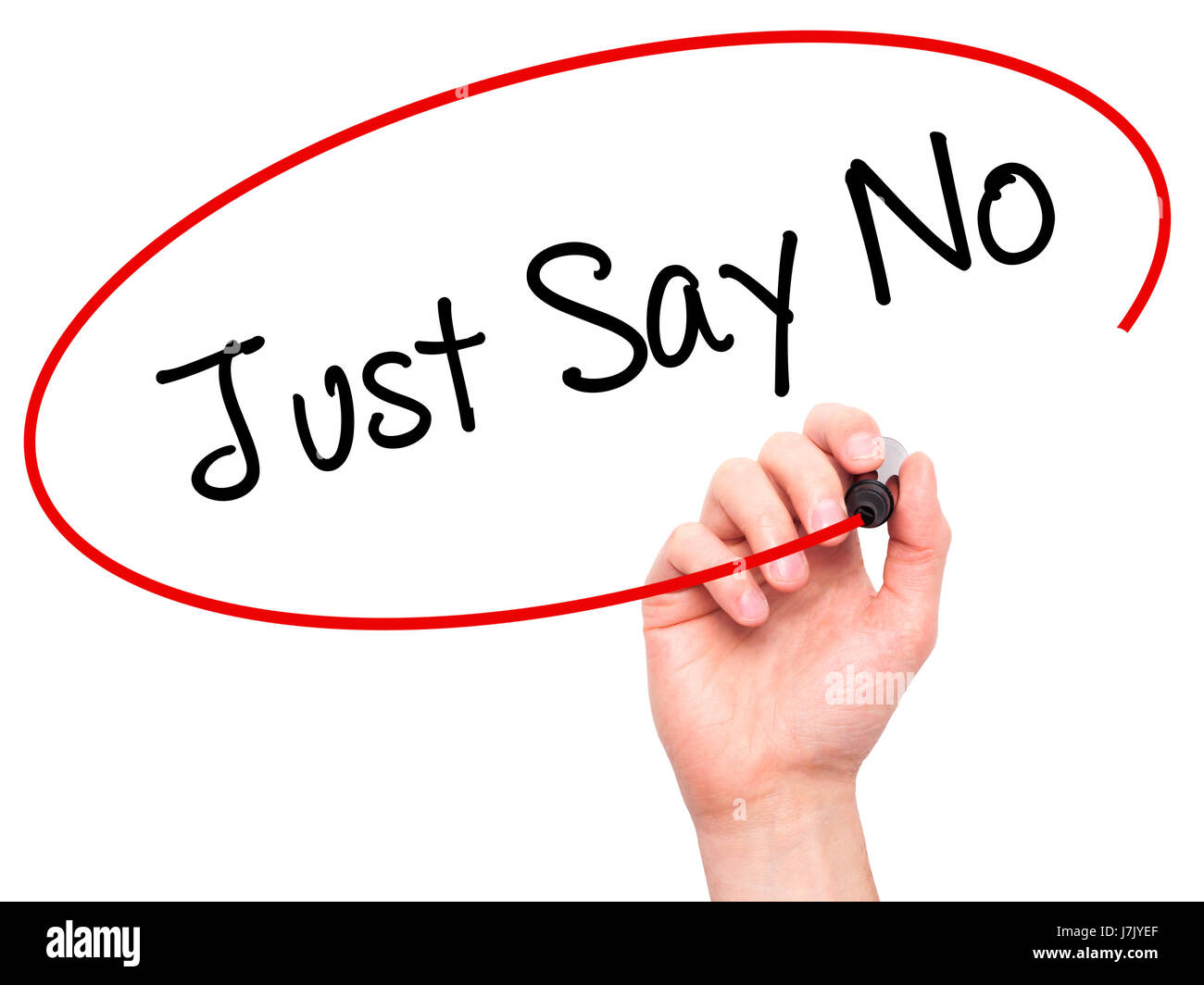 Man Hand writing Just Say No with black marker on visual screen ...