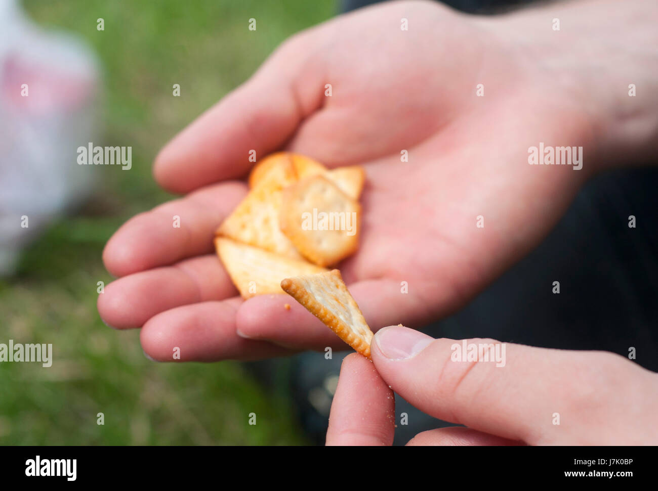 Young woman hand holding crackers snack in the park Stock Photo - Alamy