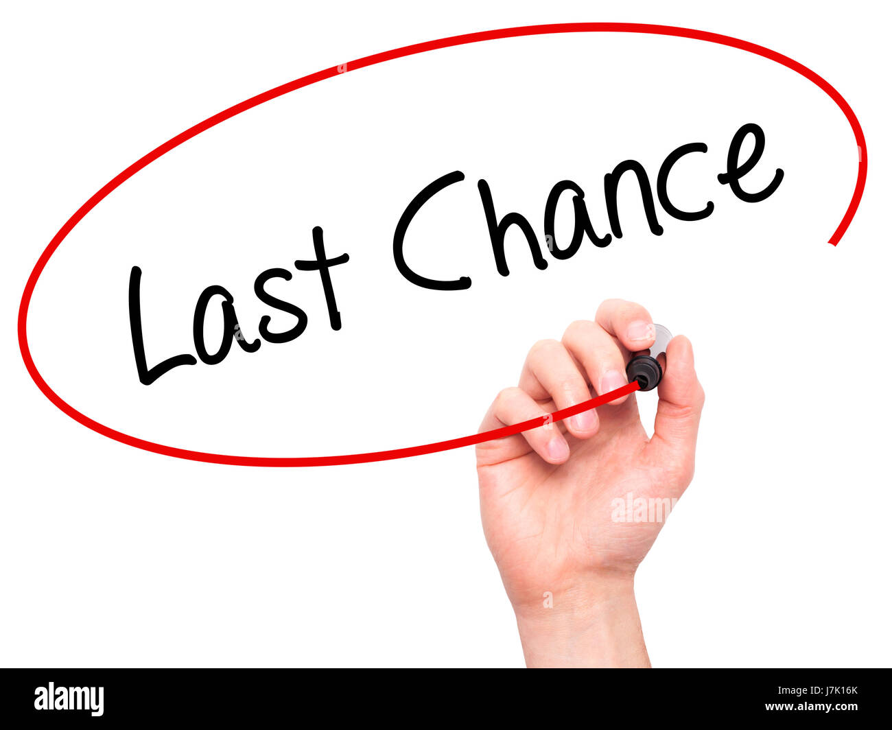 Man Hand writing Last Chance with black marker on visual screen ...
