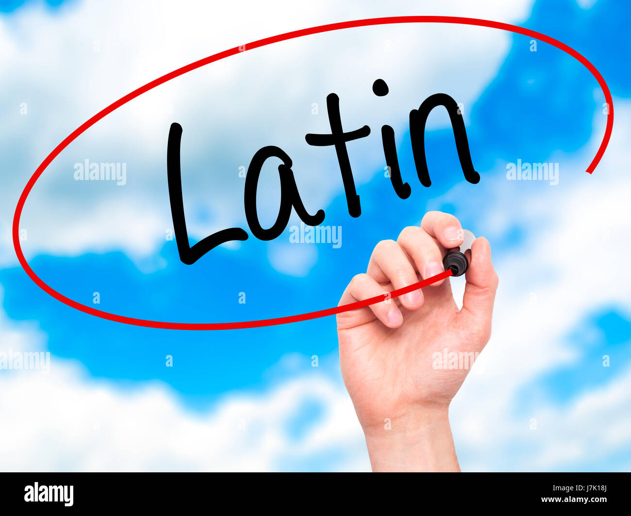 Man Hand writing Latin with black marker on visual screen. Isolated on ...