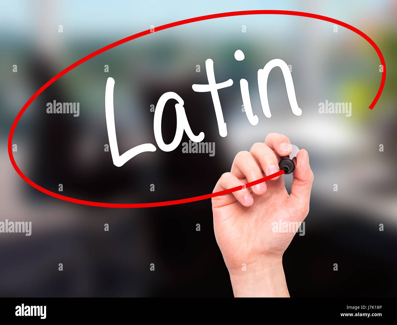 Man Hand writing Latin with black marker on visual screen. Isolated on ...