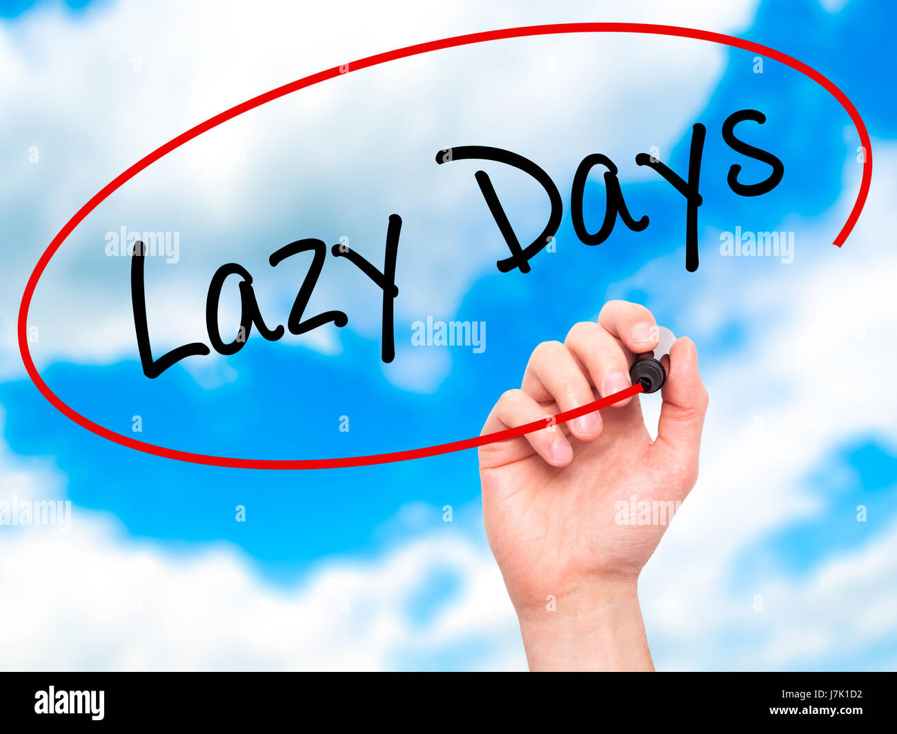 Man Hand writing Lazy Days with black marker on visual screen. Isolated ...