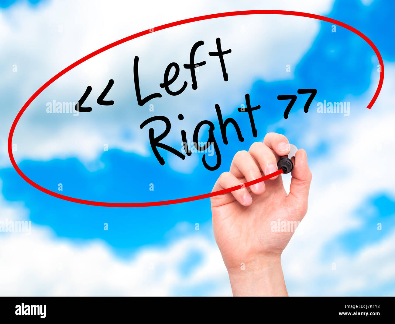 Man Hand writing Left - Right with black marker on visual screen ...