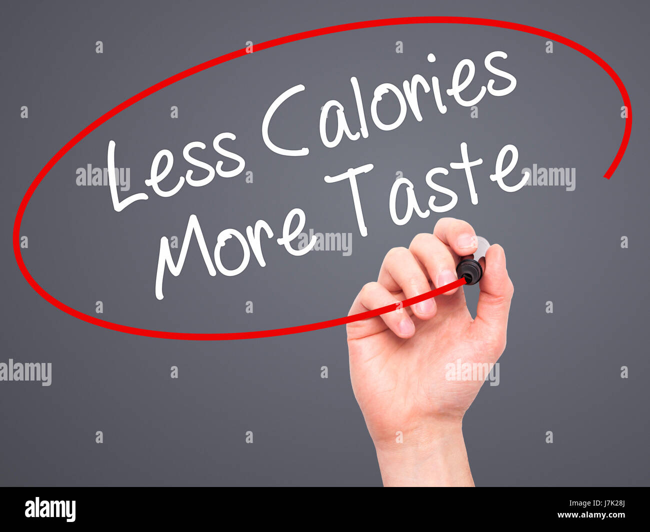 Man Hand writing Less Calories More Taste with black marker on visual ...