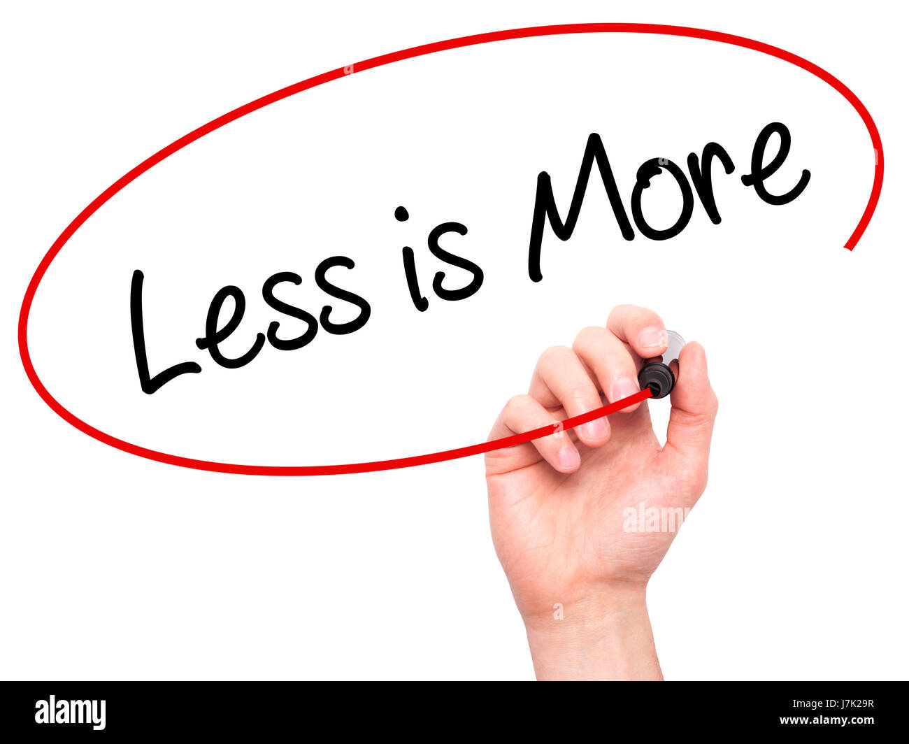 Man Hand writing Less is More with black marker on visual screen ...