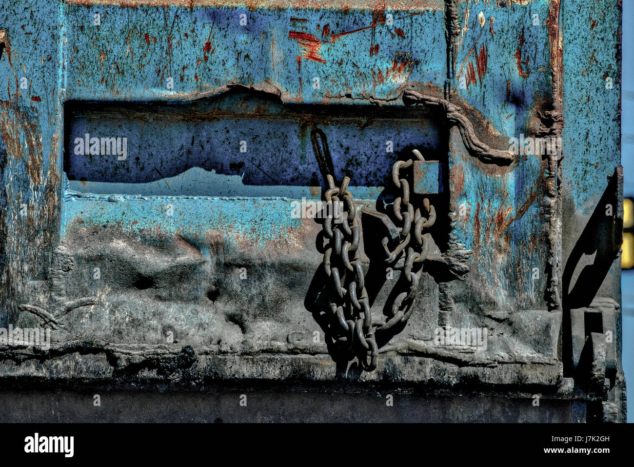 Back of weathered, rusty, garbage, trash truck., with chain Stock Photo ...