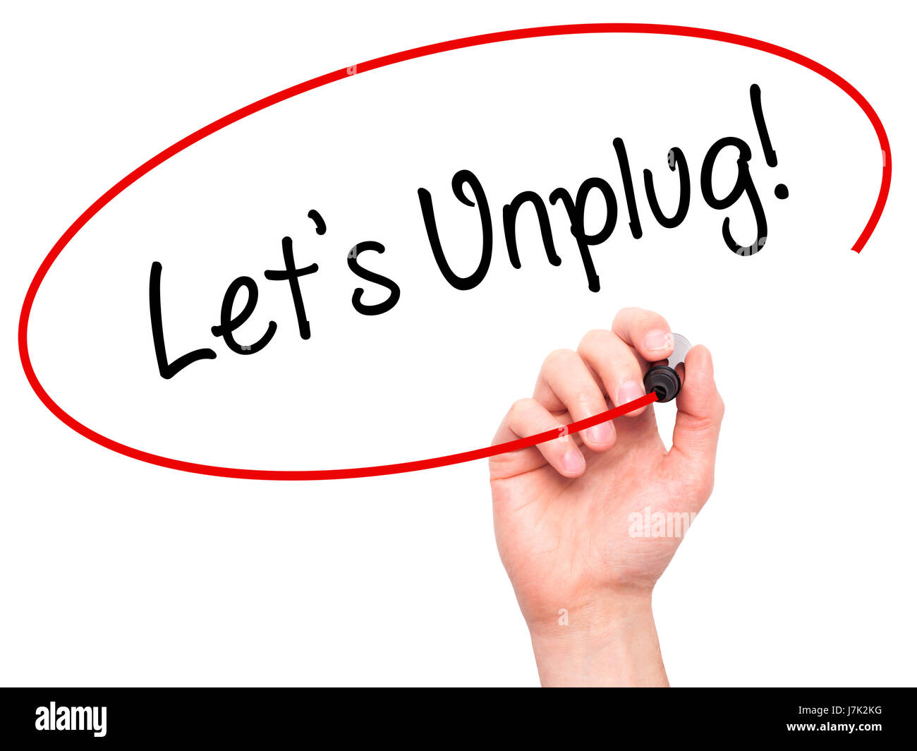 Man Hand writing Let's Unplug! with black marker on visual screen ...