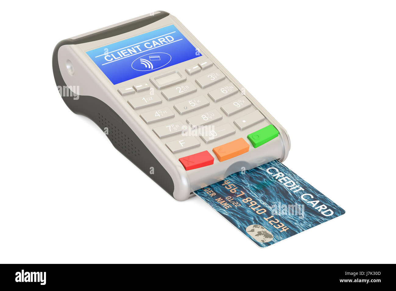 POS-terminal with credit card closeup, 3D rendering isolated on white ...