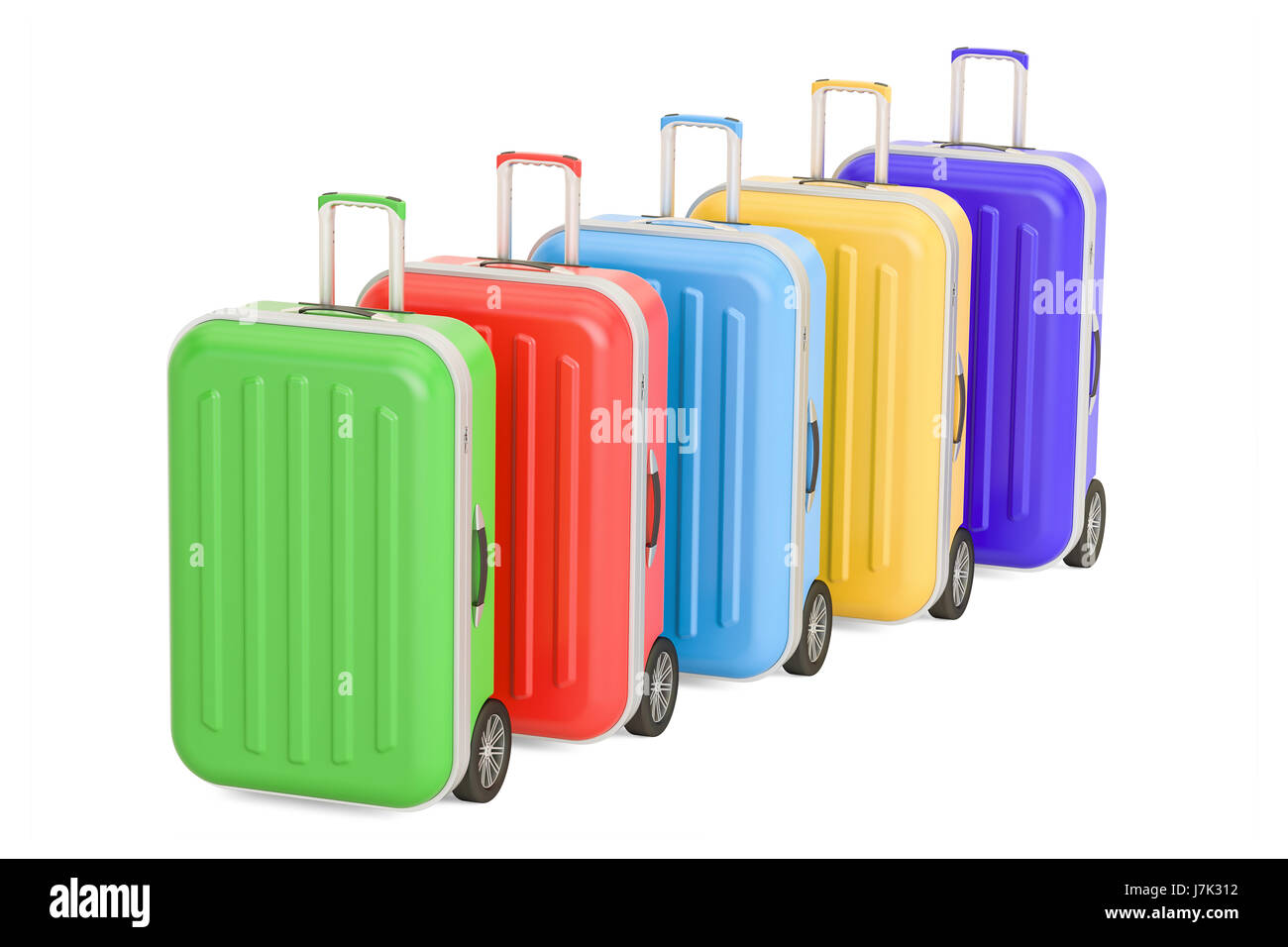 Row of luggage, colorful suitcases. 3D rendering isolated on white ...