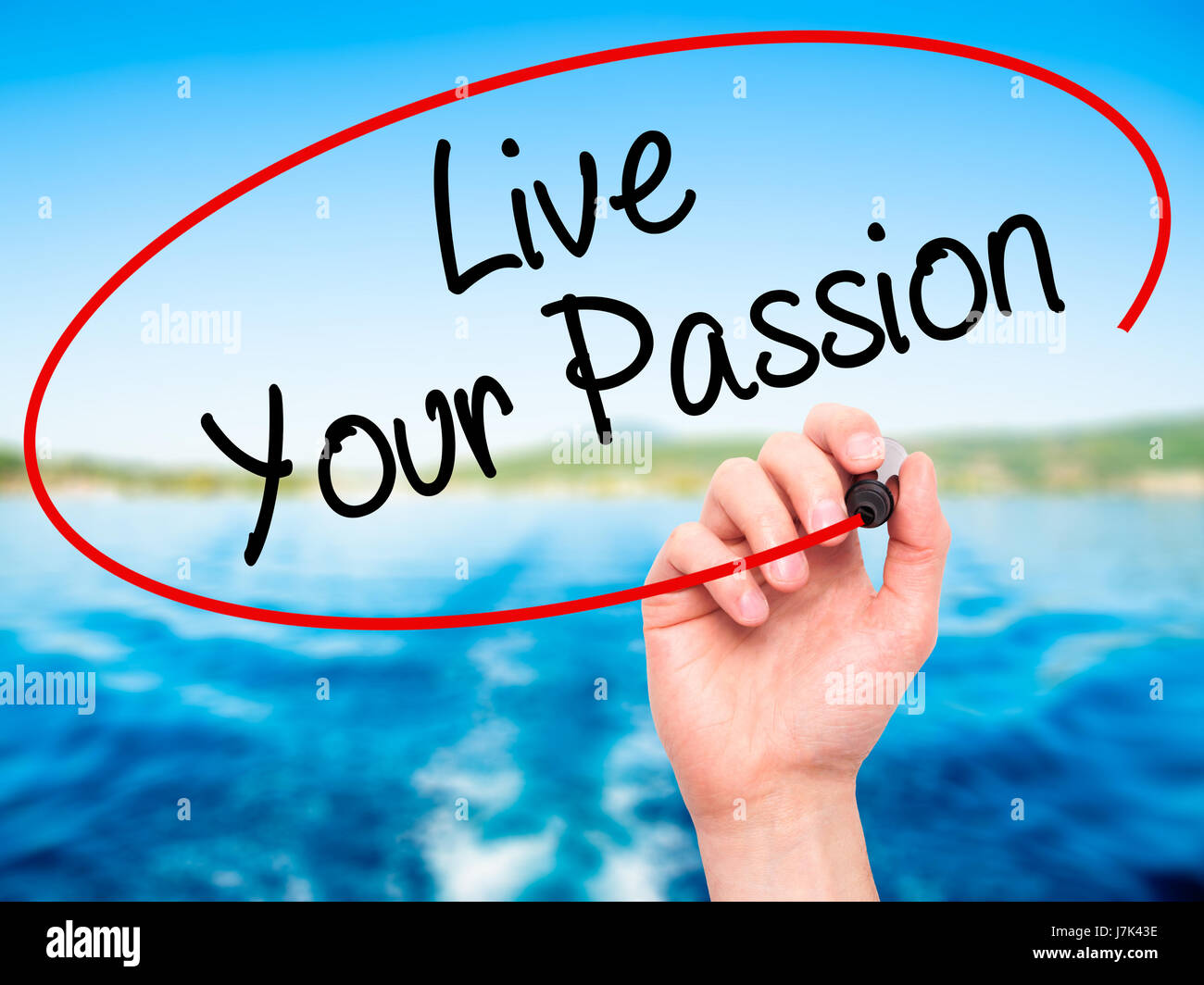 Man Hand writing Live Your Passion with black marker on visual screen. Isolated on nature ...