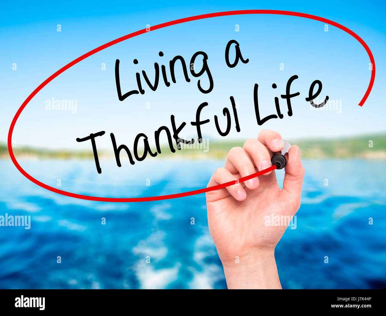 Man Hand writing Living a Thankful Life with black marker on visual ...