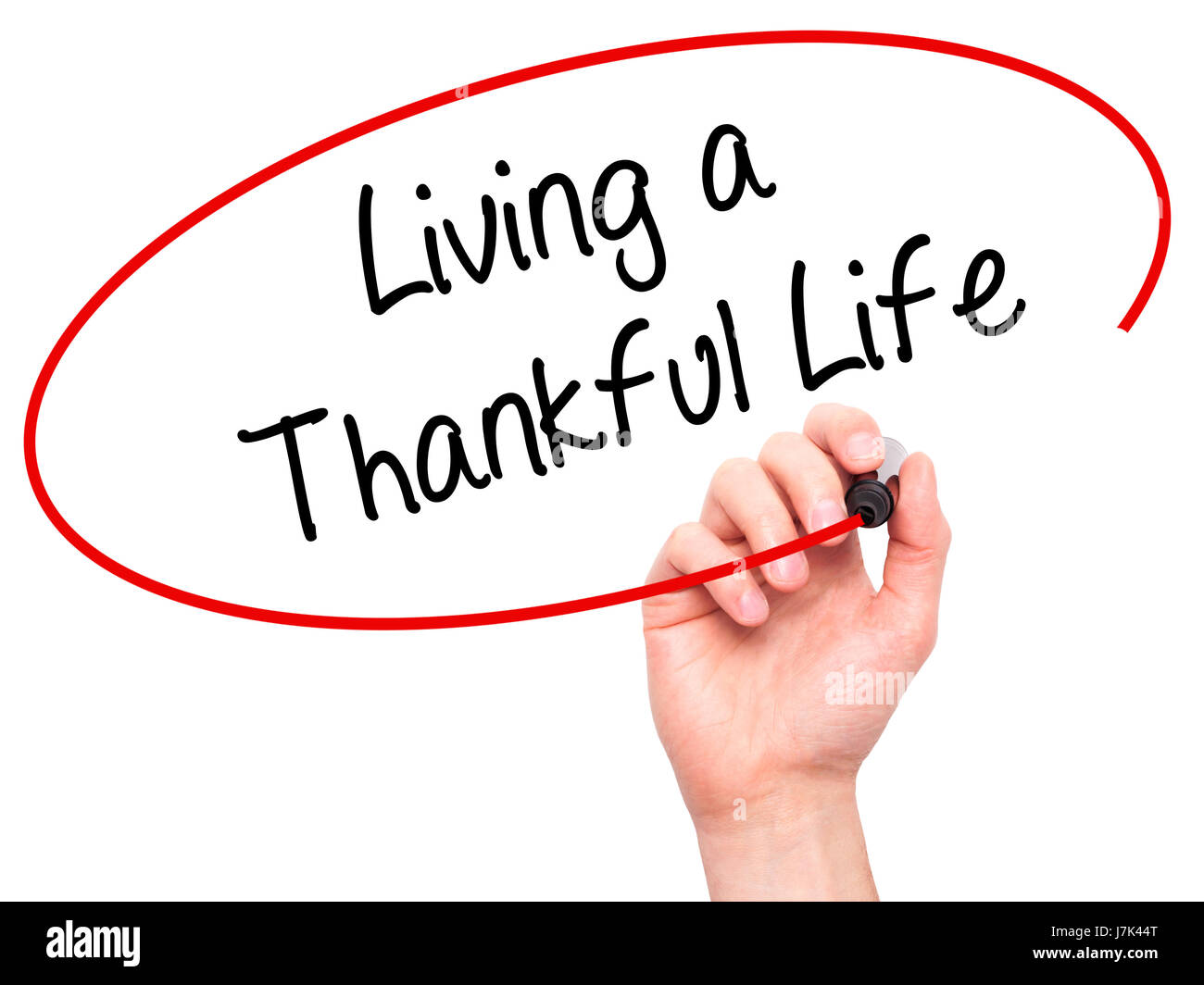 Man Hand writing Living a Thankful Life with black marker on visual ...