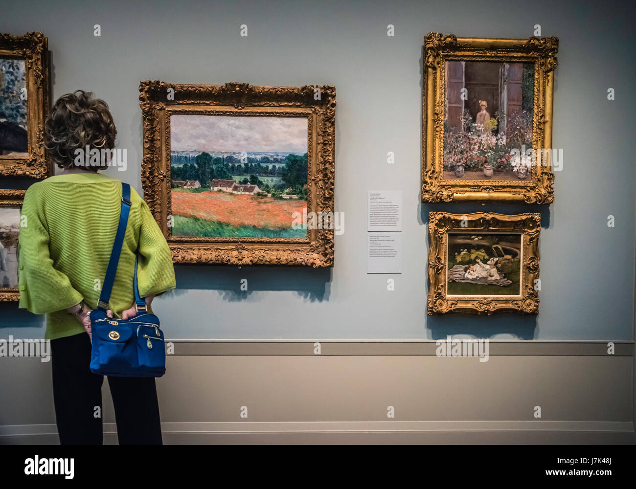 Museum exhibition and art lovers viewing paintings, sculpture Stock ...