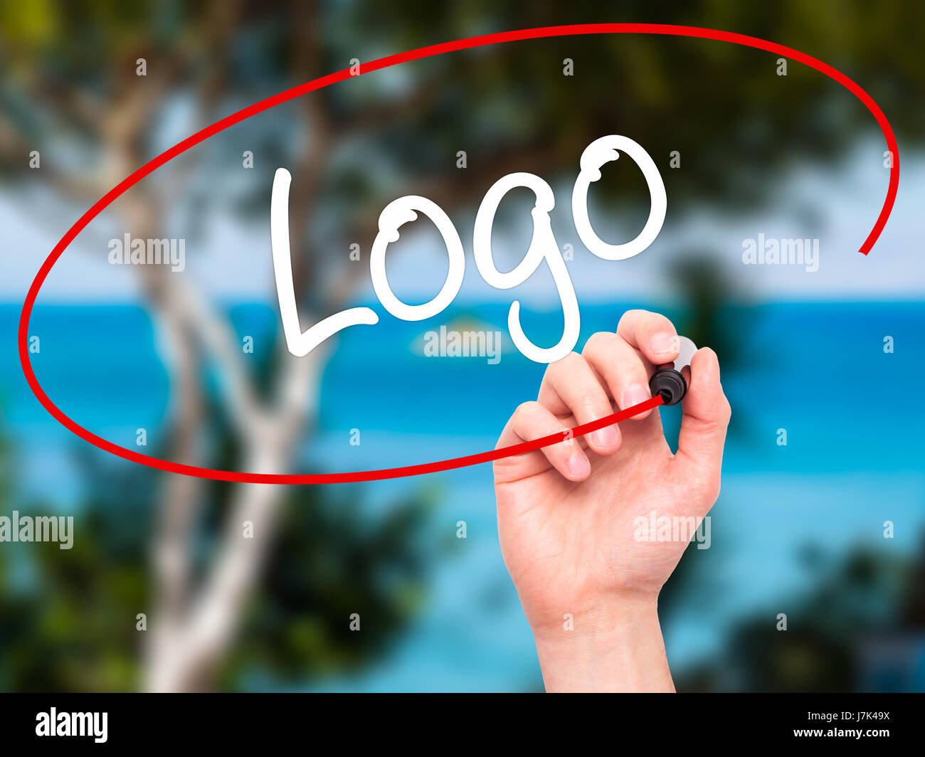 Man Hand writing Logo with black marker on visual screen. Isolated on ...