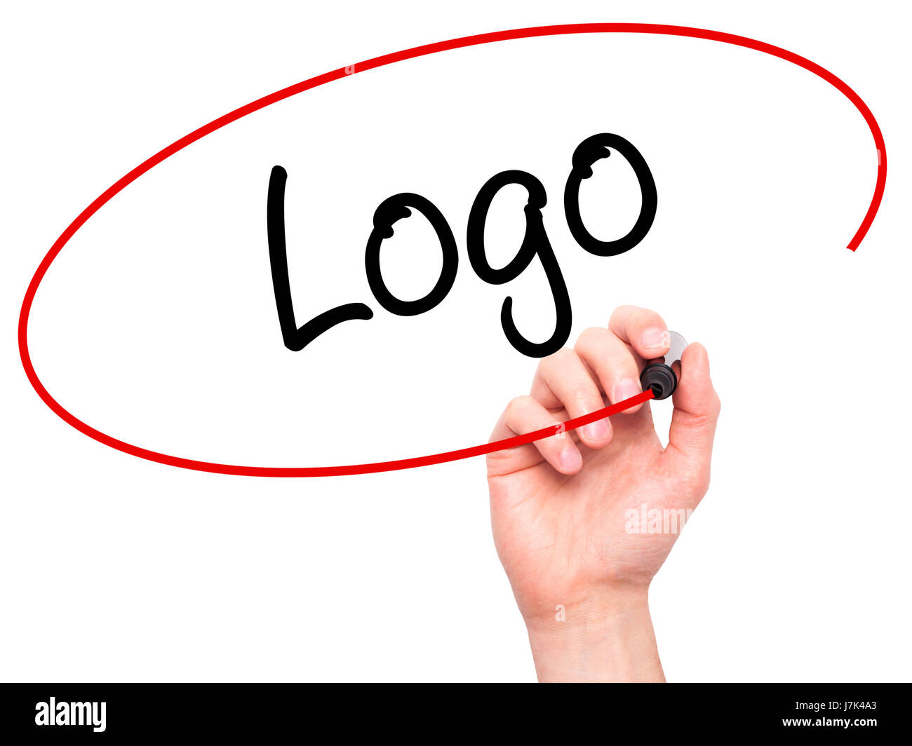 Man Hand writing Logo with black marker on visual screen. Isolated on ...