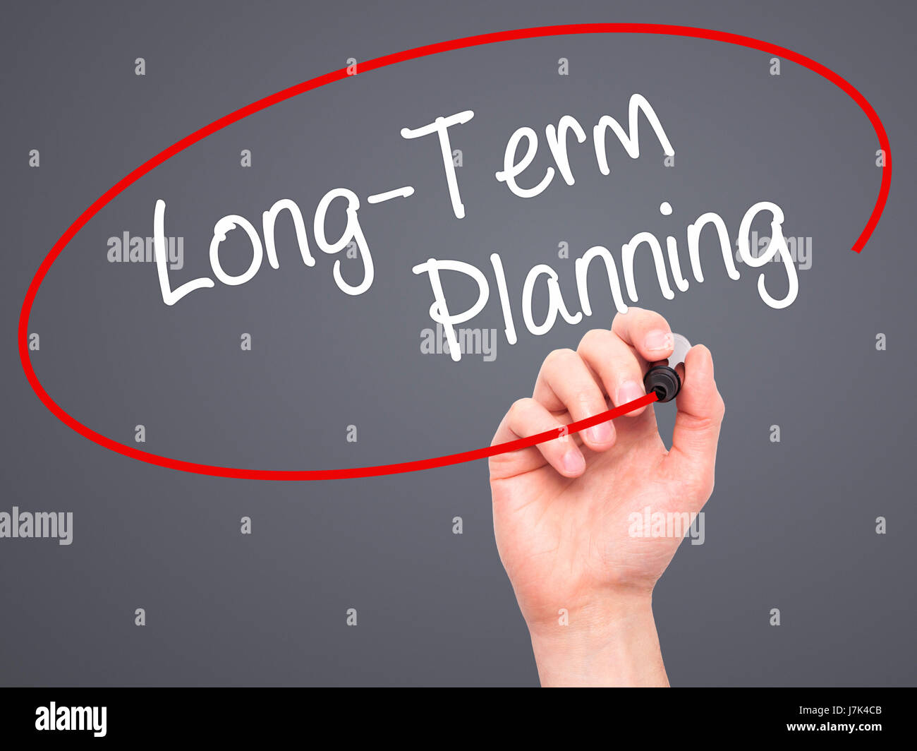 Man Hand writing Long-Term Planning with black marker on visual screen ...