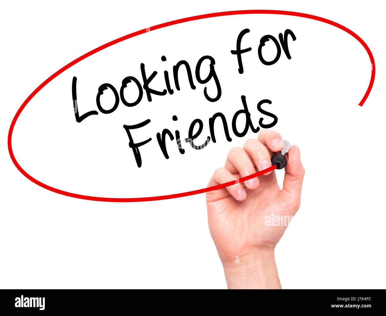 Man Hand writing Looking for Friends with black marker on visual screen ...