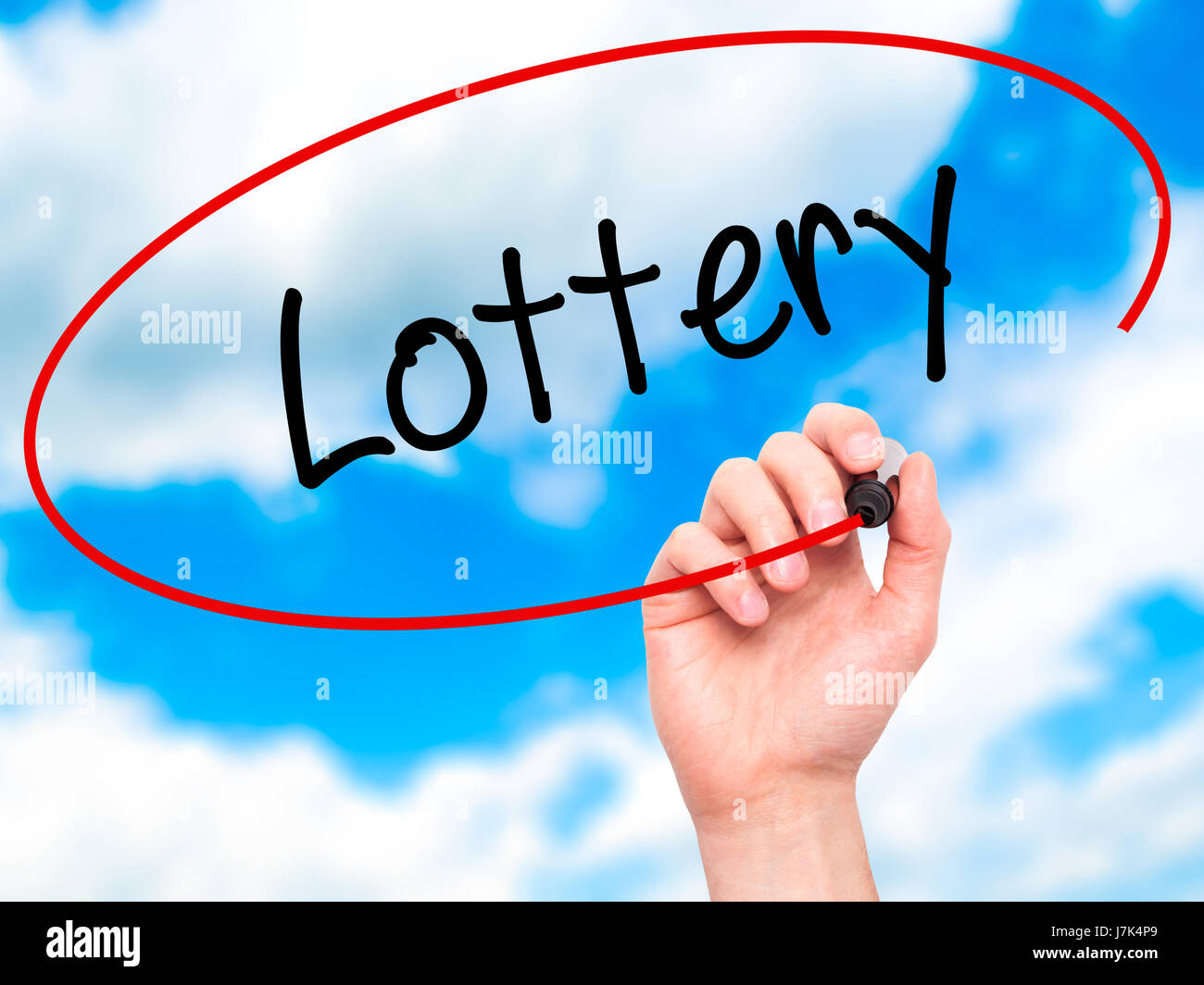 Man Hand writing Lottery with black marker on visual screen. Isolated ...