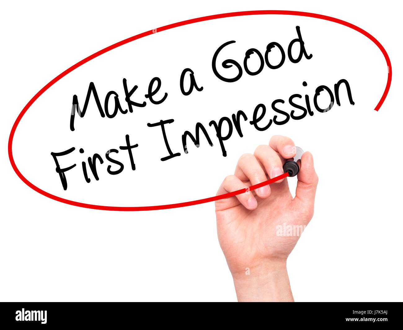 Man Hand writing Make a Good First Impression with black marker on ...