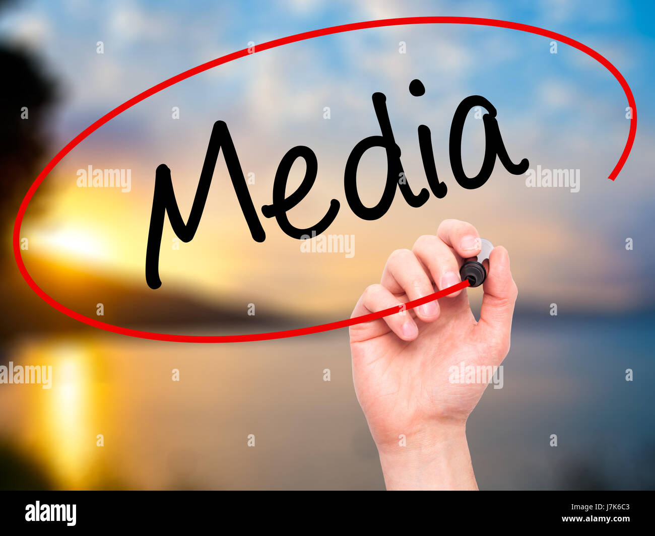 Man Hand writing Media with black marker on visual screen. Isolated on ...