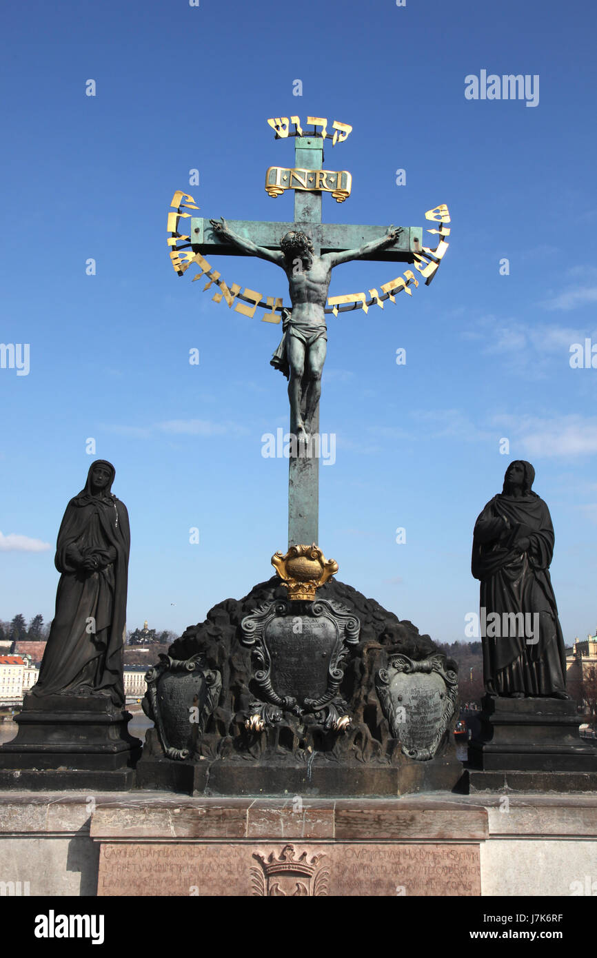 statue cross prague czechia crucifix memorial brown brownish brunette ...
