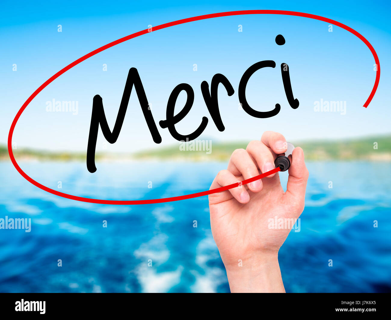 Man Hand writing Merci (Thank You In French) with black marker on ...