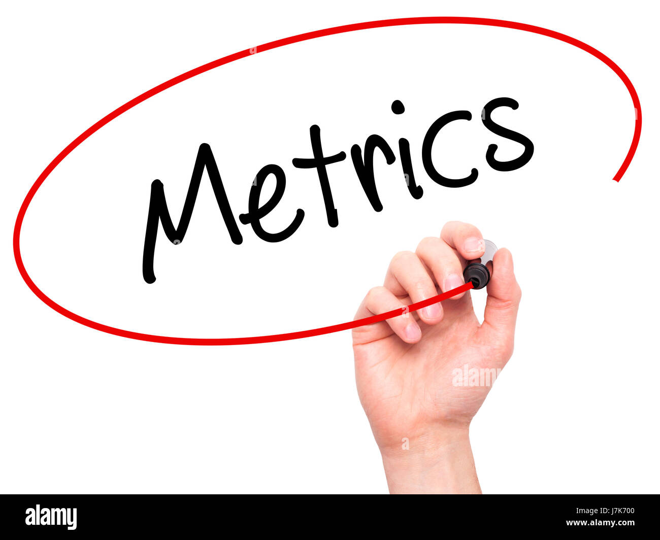 Man Hand writing Metrics with black marker on visual screen. Isolated ...
