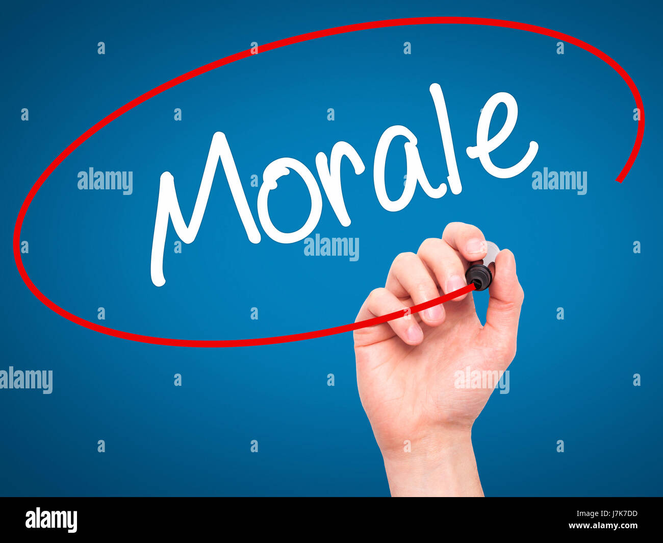 Man Hand writing Morale with black marker on visual screen. Isolated on ...