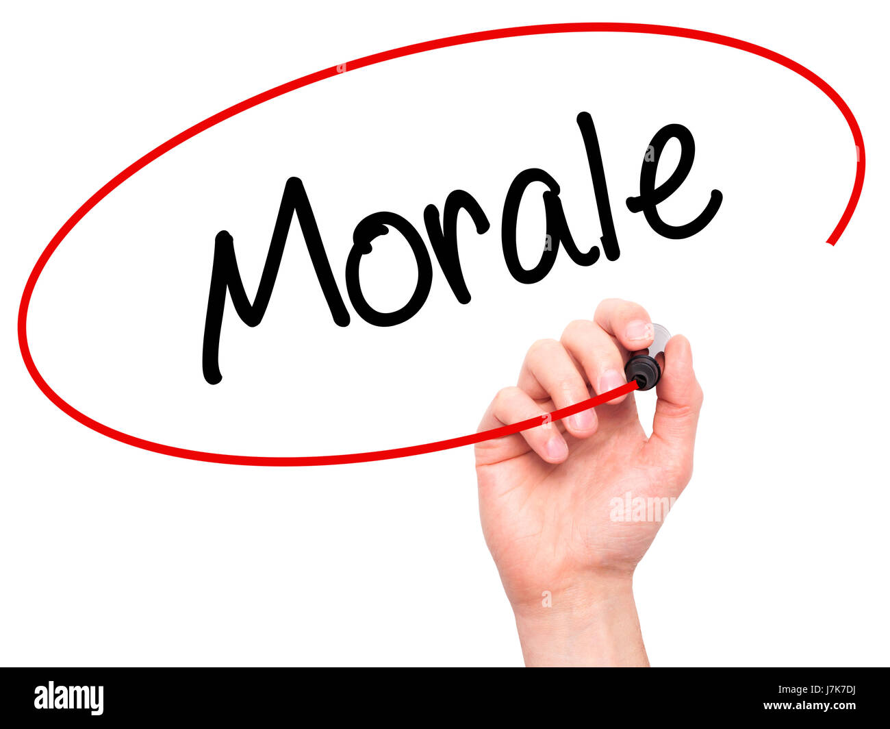 Man Hand writing Morale with black marker on visual screen. Isolated on ...