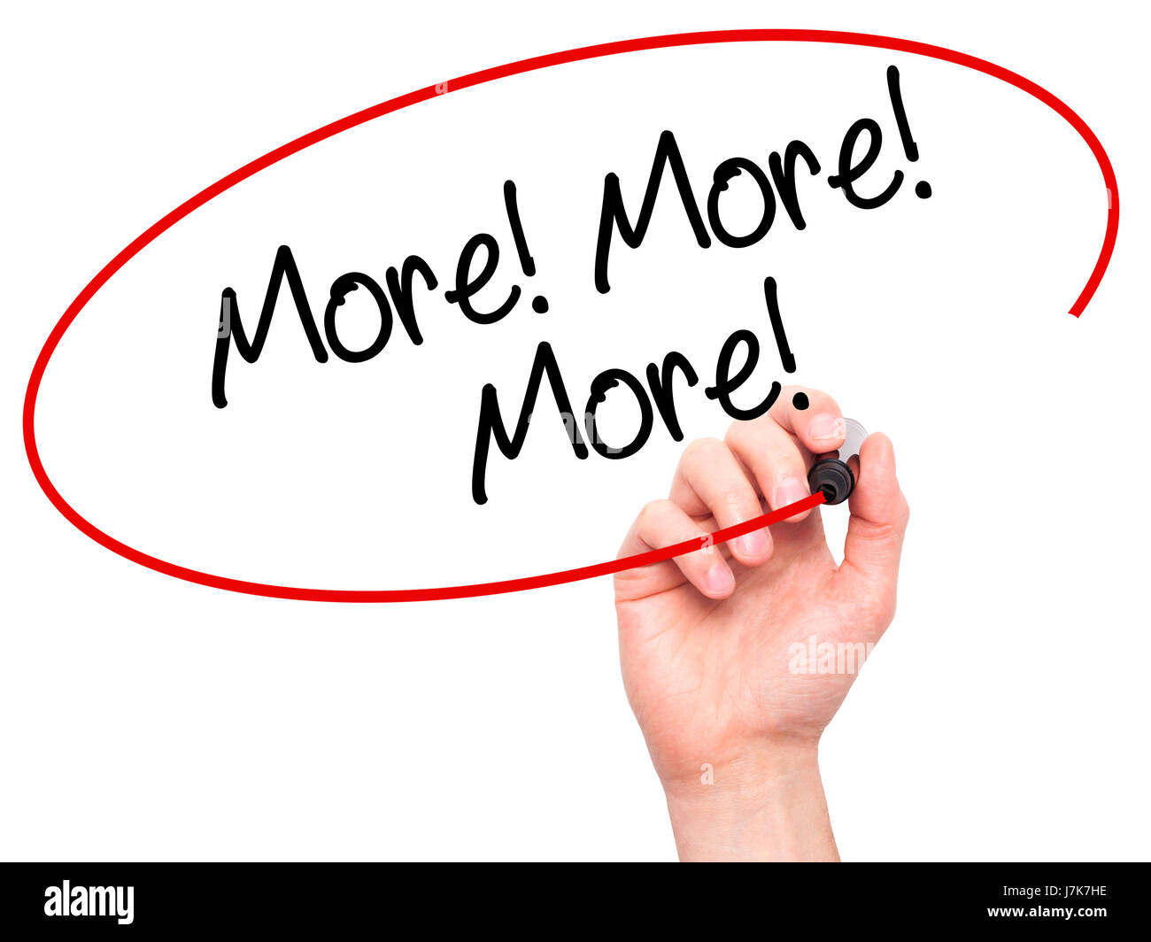 Man Hand writing More! More! More! with black marker on visual screen ...