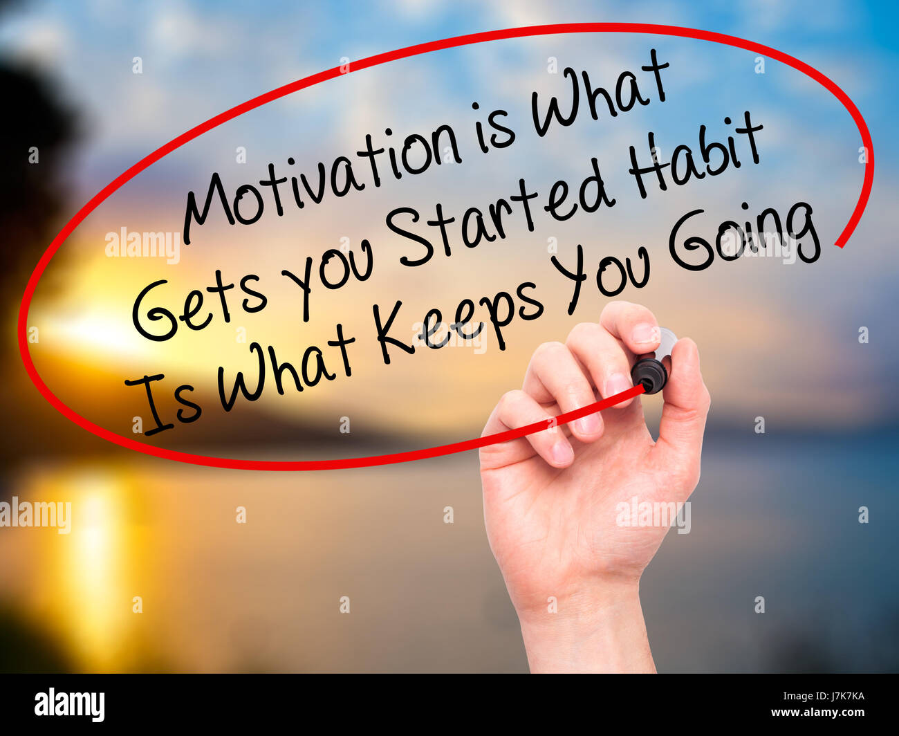 Man Hand writing Motivation is What Gets you Started Habit Is What ...