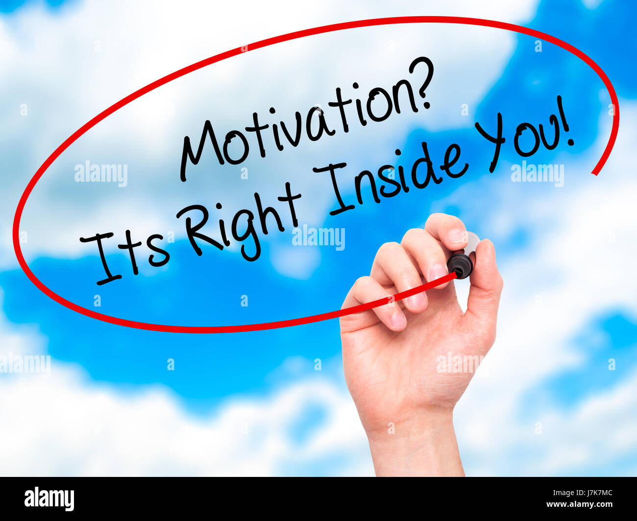 Man Hand writing Motivation? Its Right Inside You! with black marker on ...