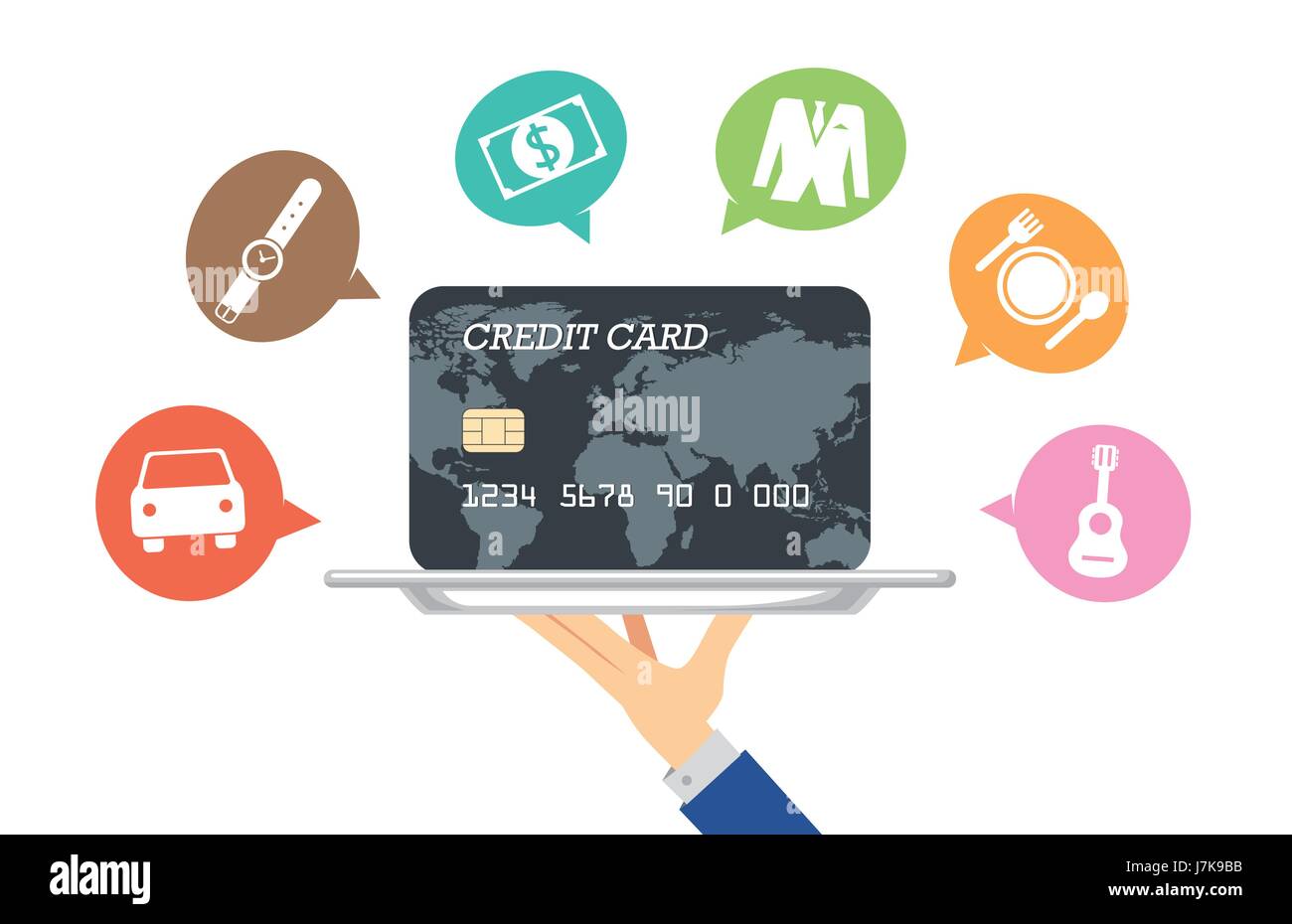 Hand holding credit card in silver tray with icon. Illustration about ...