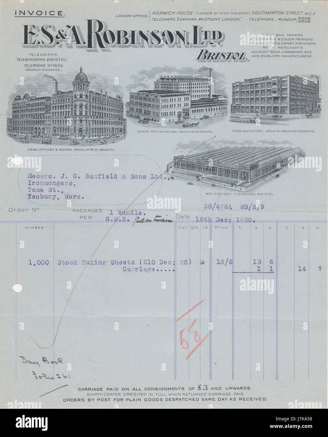 The 1925 ES & A Robinson invoice with illustrations features detailed ...
