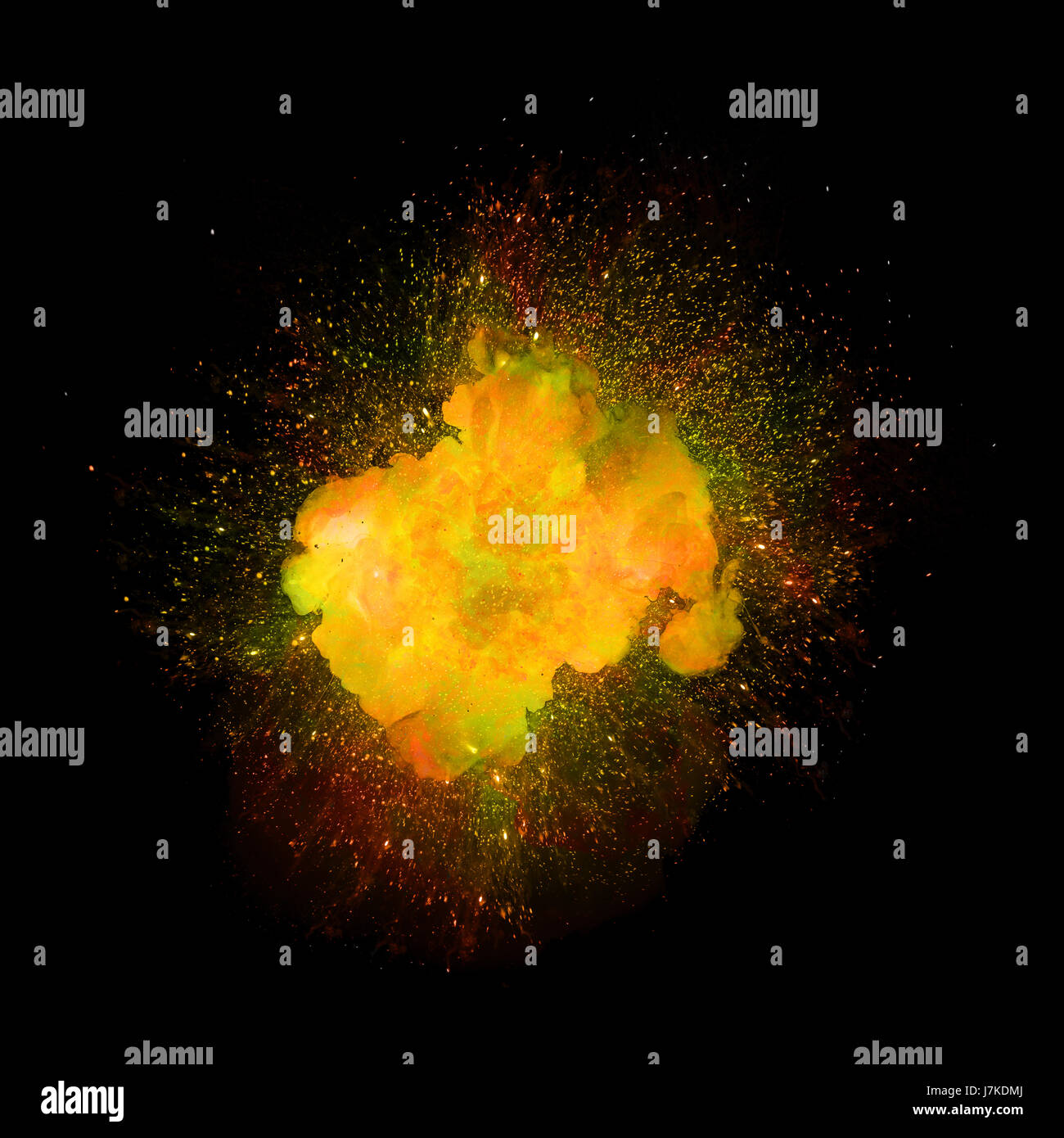 Realistic fire explosion, orange and green color with sparks isolated ...