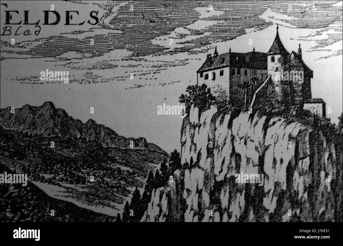 Medieval hilltop castle fortress Black and White Stock Photos & Images ...