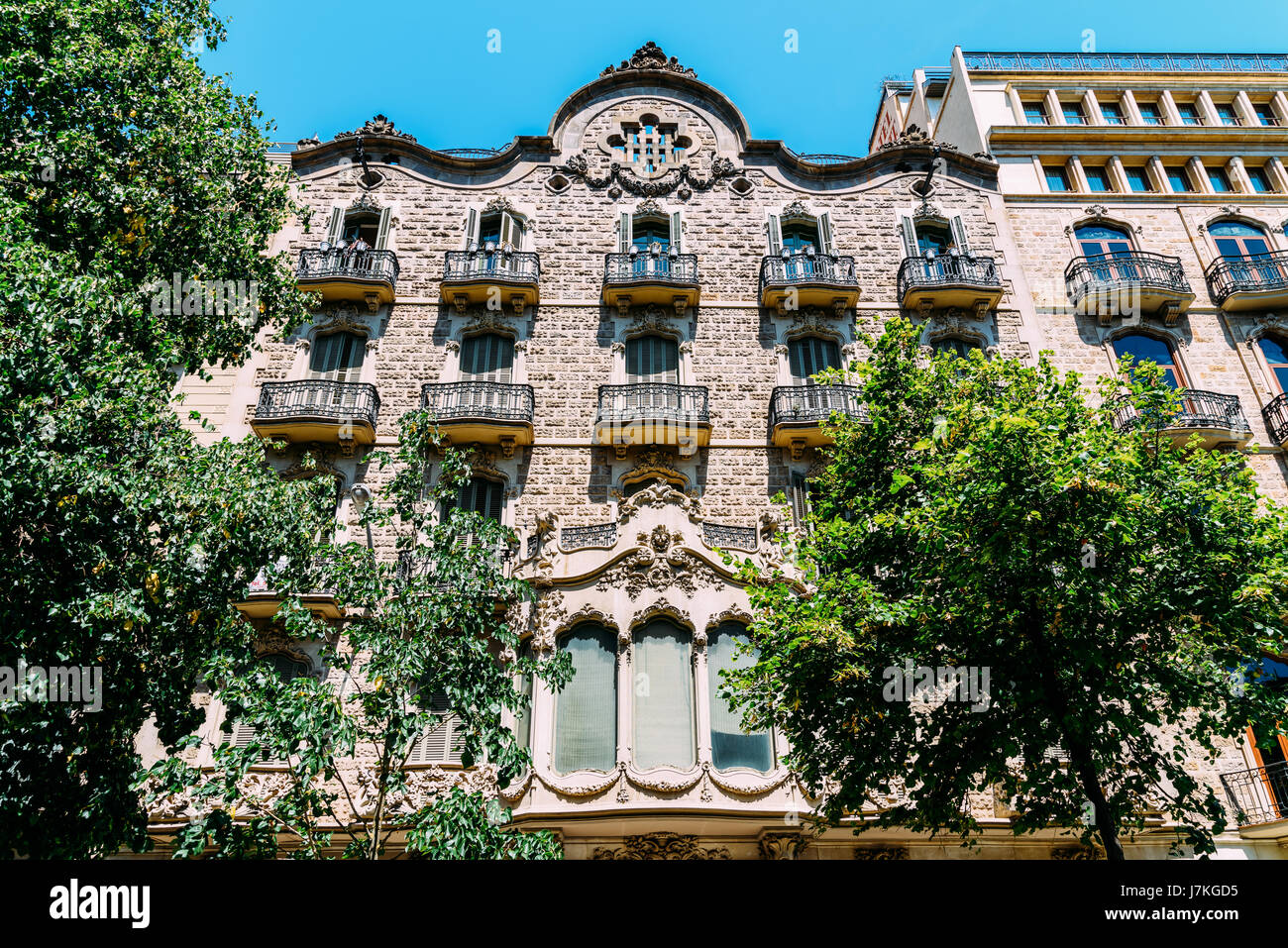 Apartment Building Block Exterior Facade In Barcelona, Spain Stock ...