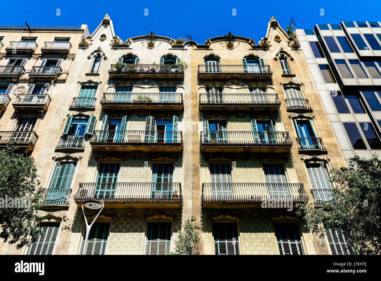Apartment Building Block Exterior Facade In Barcelona, Spain Stock ...