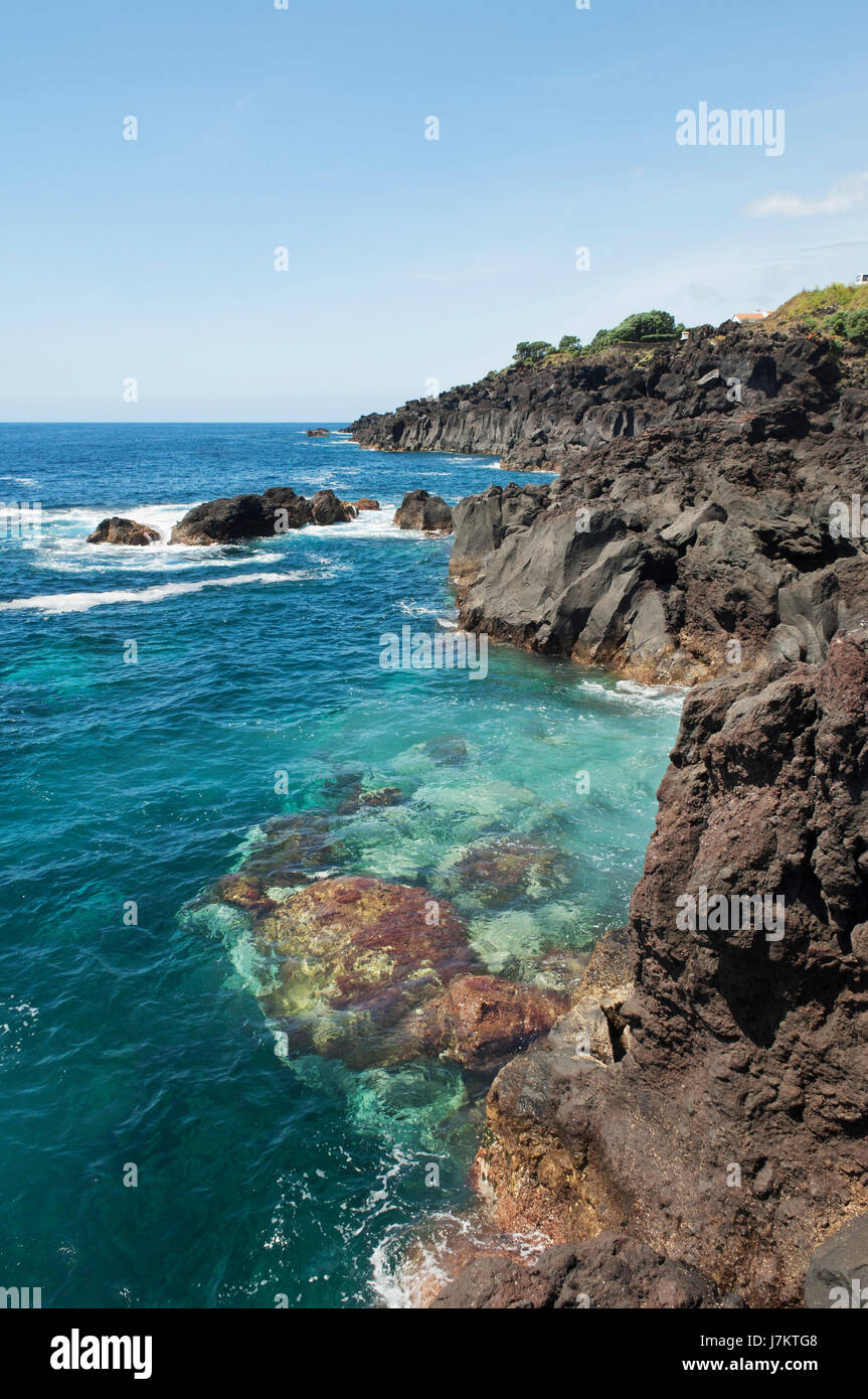 rock coast cliff basalt azores volcanic salt water sea ocean water blue ...