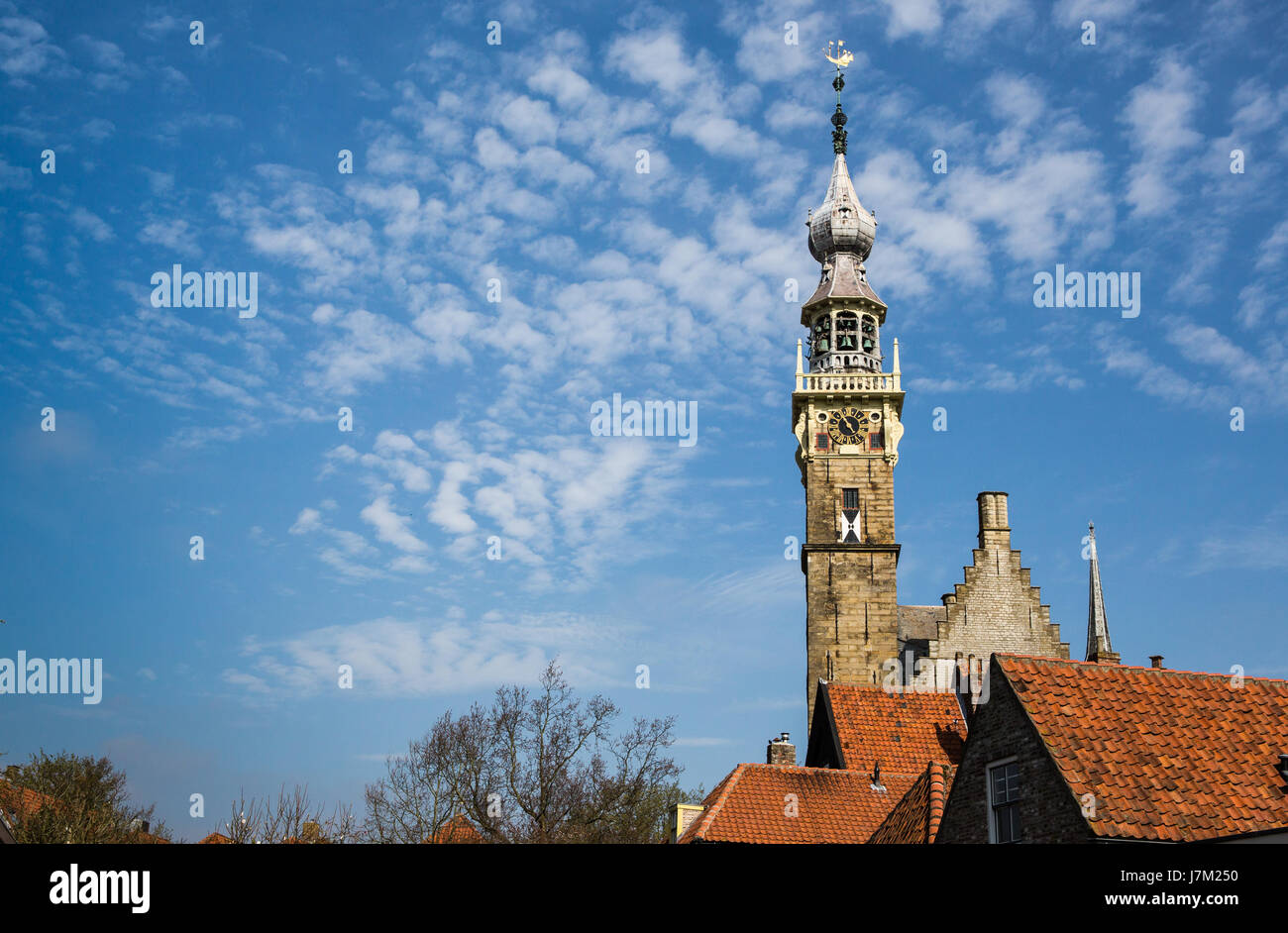 Spire of Veere Courthouse in vintage historic town in Netherlands Stock ...